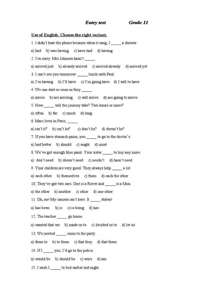 Entry Test Grade 11 | PDF | University Of Cambridge