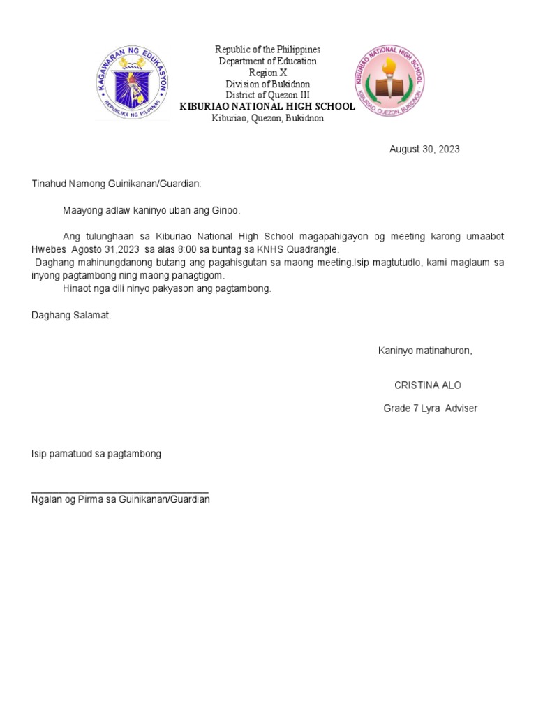 Letter To Parents Bisaya | PDF