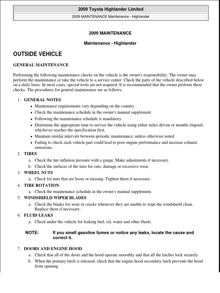 Toyota Highlander Maintenance Schedule Pdf