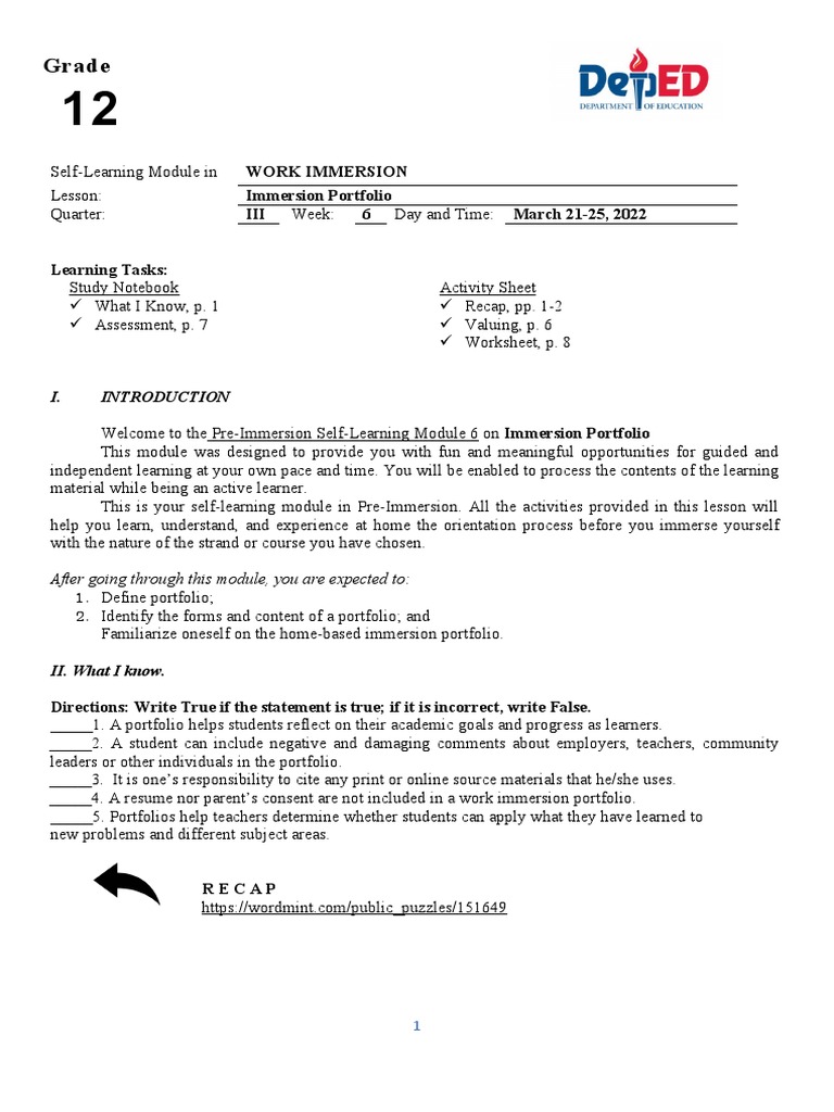 Work Immersion Portfolio Guide | PDF | Educational Assessment | Learning