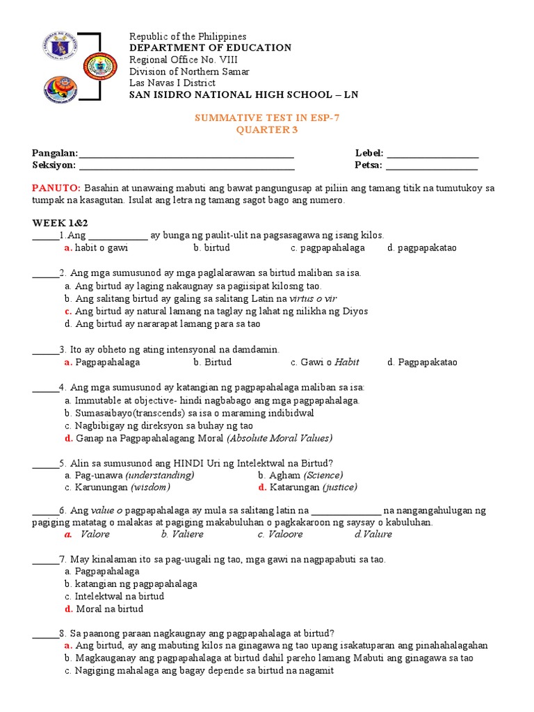 Summative Q3 Esp7 Answerkey | PDF