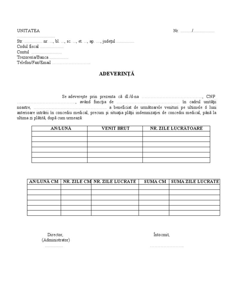 Model Adeverință de Venit Ce Trebuie Eliberată de Angajator Salariaților | PDF