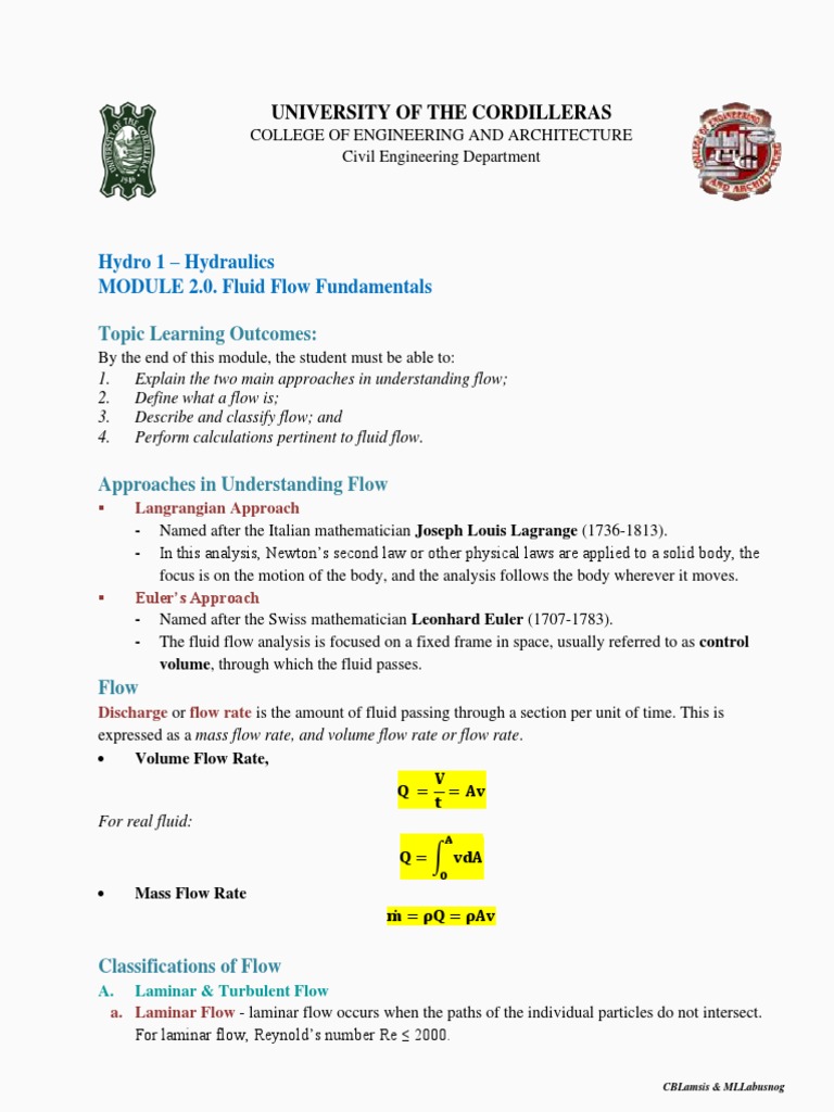 HYDRO 1 - Module 2.1 Classifications of Flow | PDF | Fluid Dynamics | Turbulence