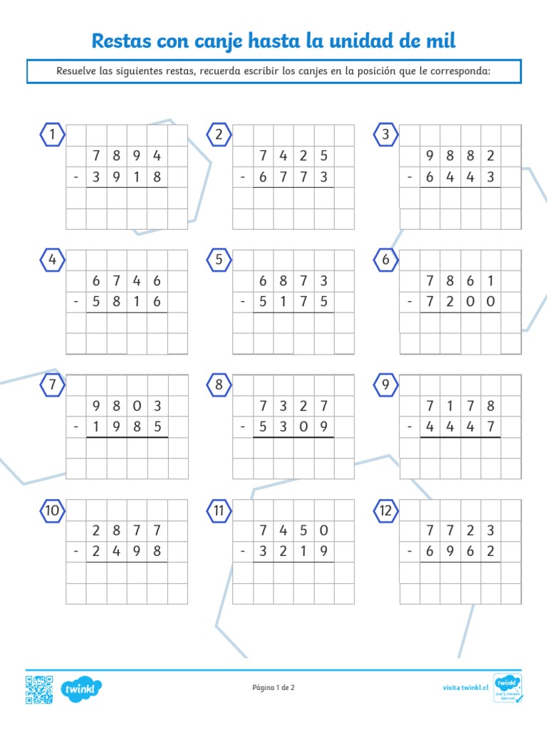 CL M 1688499501 Guia de Trabajo Restas Con Canje Hasta La Unidad de Mil - Ver - 1 | PDF