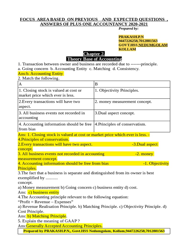 Kerala +1 Accountancy Focus Area Question Bank - Theory Base of Accounting | PDF | Debits And ...