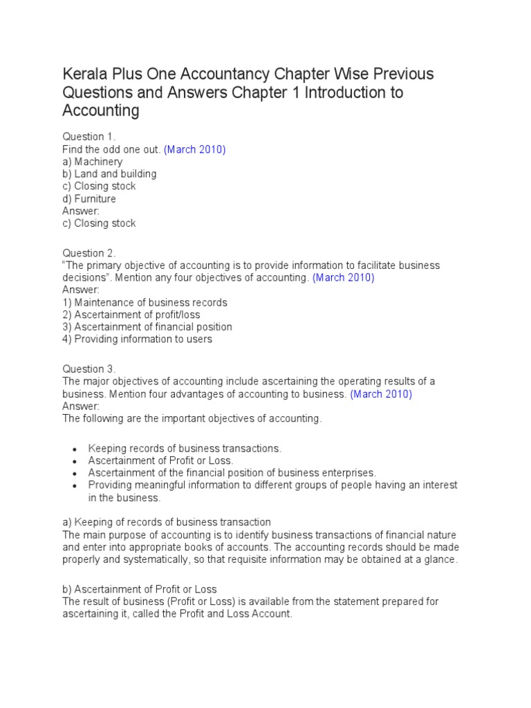 Kerala Plus One Accountancy Chapter Wise Previous Questions and Answers ...