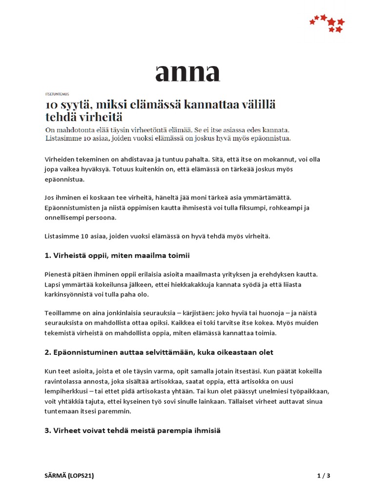 10 Syytä, Miksi Elämässä Kannattaa Välillä Tehdä Virheitä | PDF