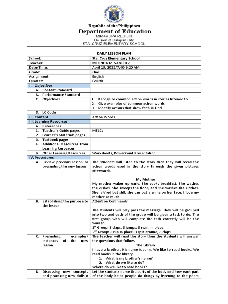 Q4-English DLL Week 1 Grade 1 | PDF | Lesson Plan | Learning