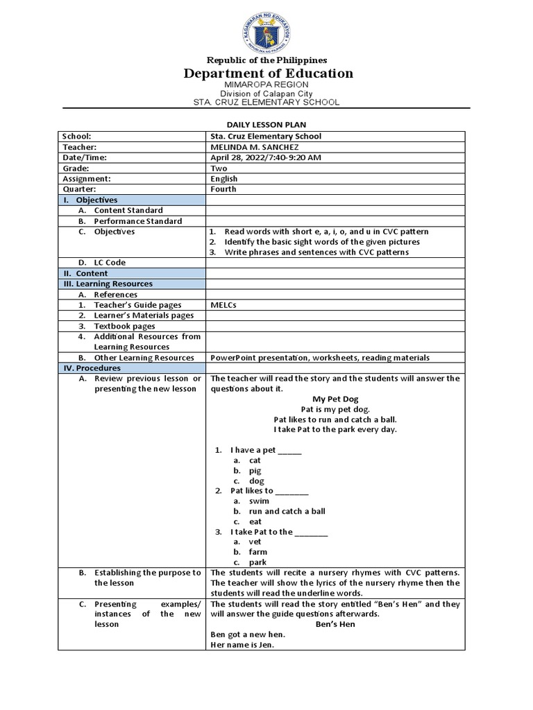Q4-English DLL Week 1 Grade 2 | PDF | Teachers | Education Theory