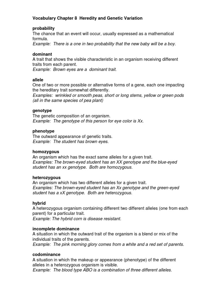 Biology Chapter 8 Vocabulary | PDF | Genotype | Dominance (Genetics)