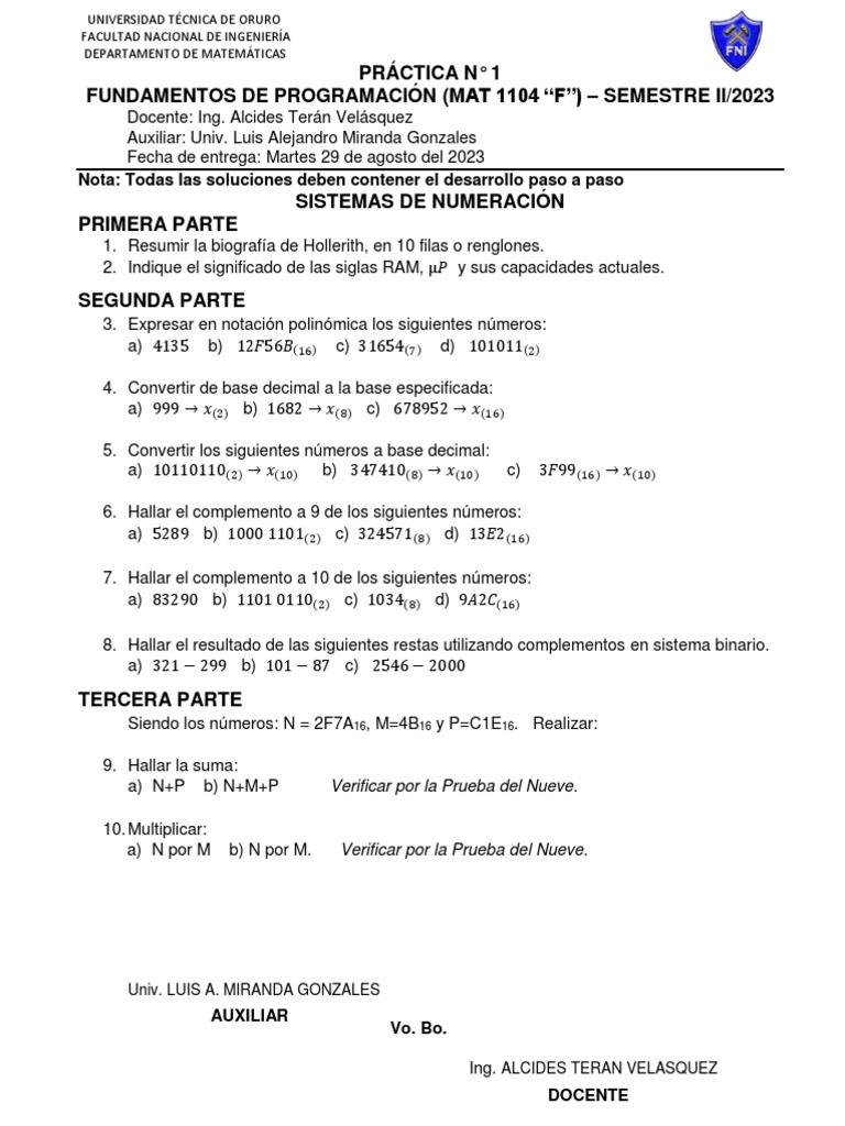 Práctica Sistemas de Numeración MAT 1104 | PDF
