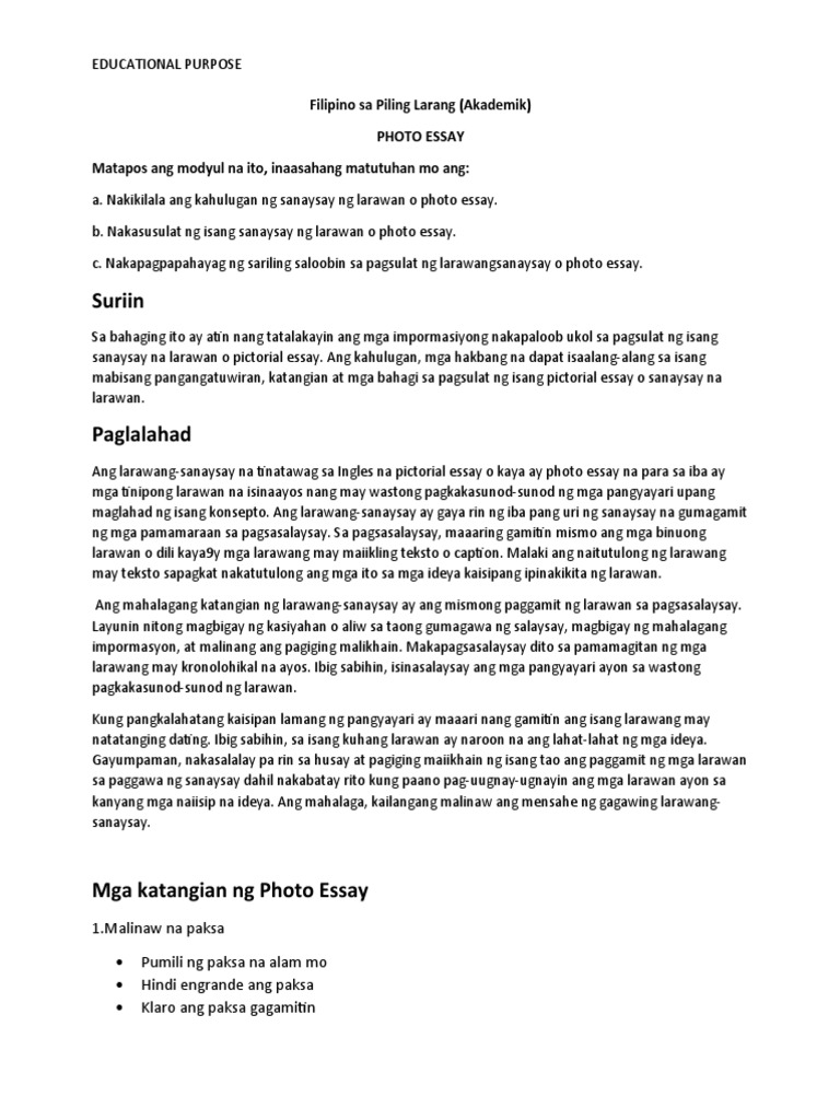 Filipino Sa Piling Larang Photo Essay PDF | PDF