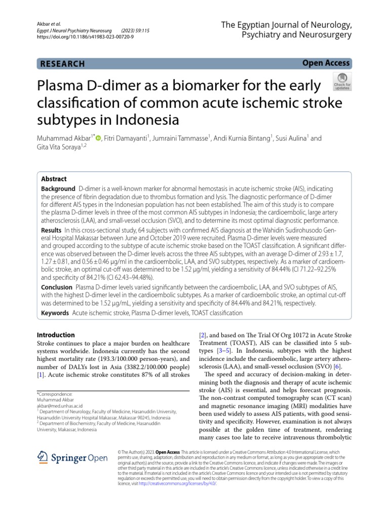Plasma D-Dimer As A Biomarker For The Early Classification of Common ...