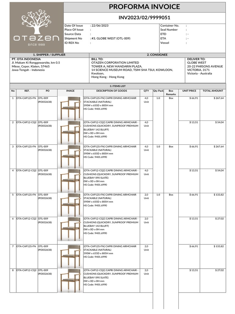 Proforma Invoice - OTAZEN HK - INV2023 - 02 - 9999051 | PDF | Accounting