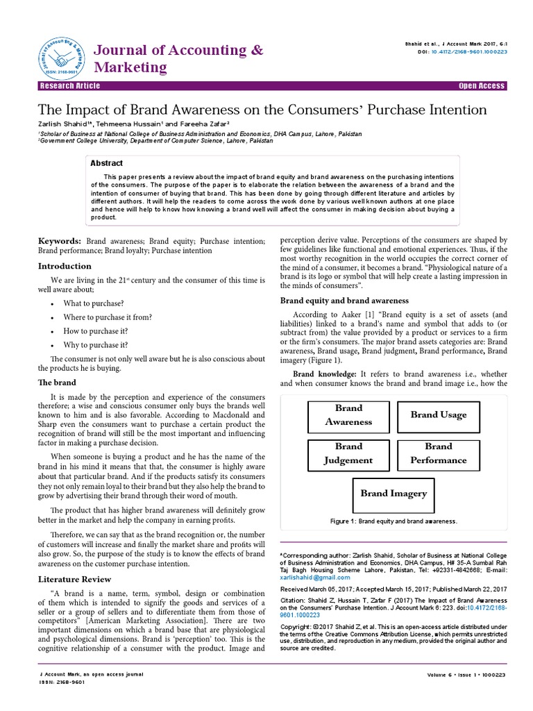 The Impact of Brand Awareness On The Consumers Purchase Intention 2168 9601 1000223 | PDF ...