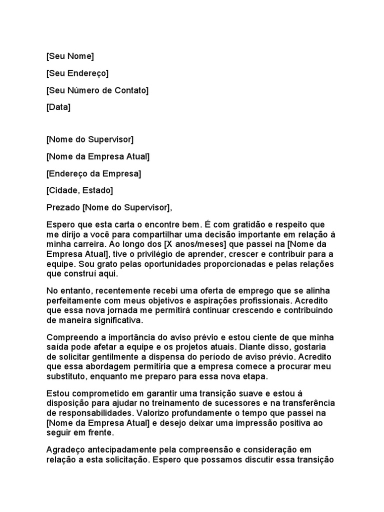 Modelo de Carta de Novo Emprego para Dispensa Do Aviso Previo No Pedido ... Modelo de Carta de Novo Emprego para Dispensa Do Aviso Previo No Pedido ...