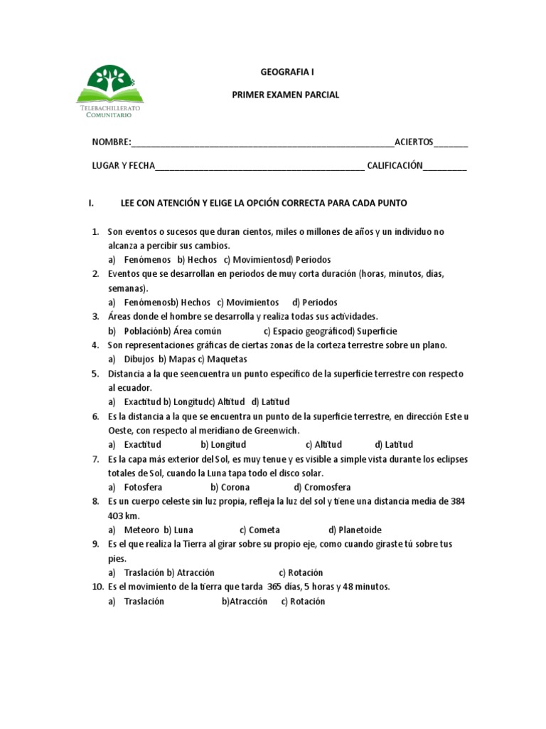 Examen Parcial de Geografía I: Preguntas y Respuestas | PDF | Dom | Luna