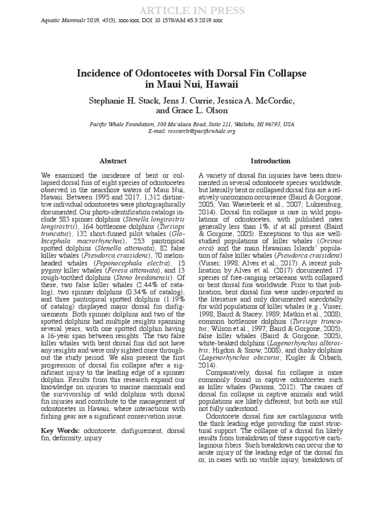 Stack Et Al. 2019 Odontocetes With Dorsal Fin Collapse in Maui Nui ...