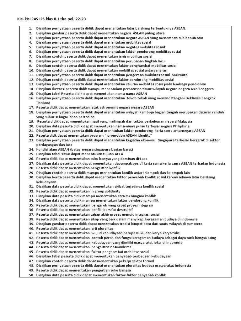 Kisi-Kisi PAS IPS Kelas 8: ASEAN & Mobilitas Sosial | PDF