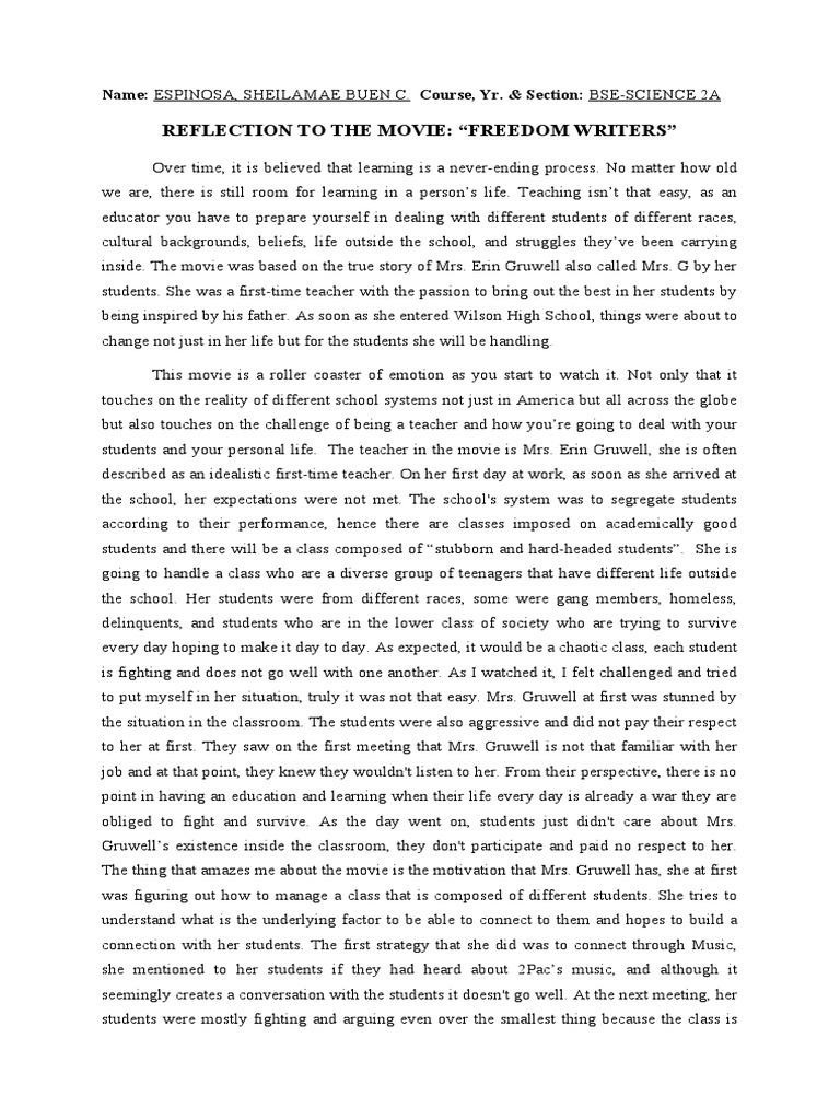 Freedom Writers Reflection | PDF | Anne Frank | Teachers