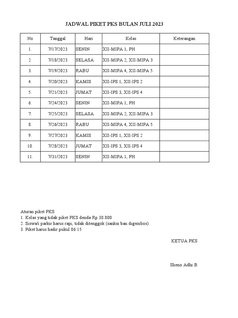 Jadwal Piket PKS Bulan Juli 2023 | PDF