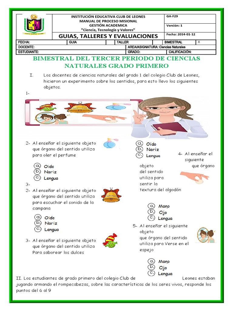 BIMESTRAL - CIENCIAS NATURALES - III PERIODO - GRADO 1°- 2023 | PDF ...