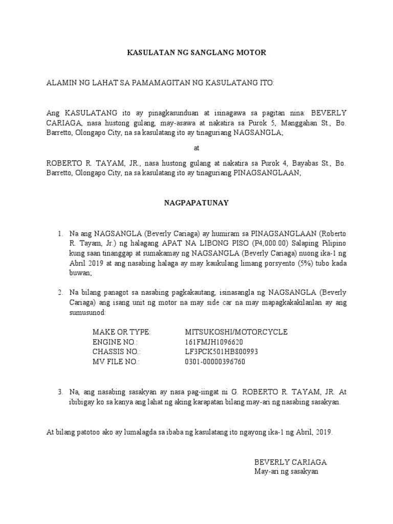 Kasulatan NG Sanglang Motor | PDF Kasulatan NG Sanglang Motor | PDF
