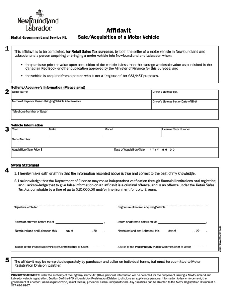 Affidavit Sale Acquisition of A Motor Vehicle Fillable | PDF ...