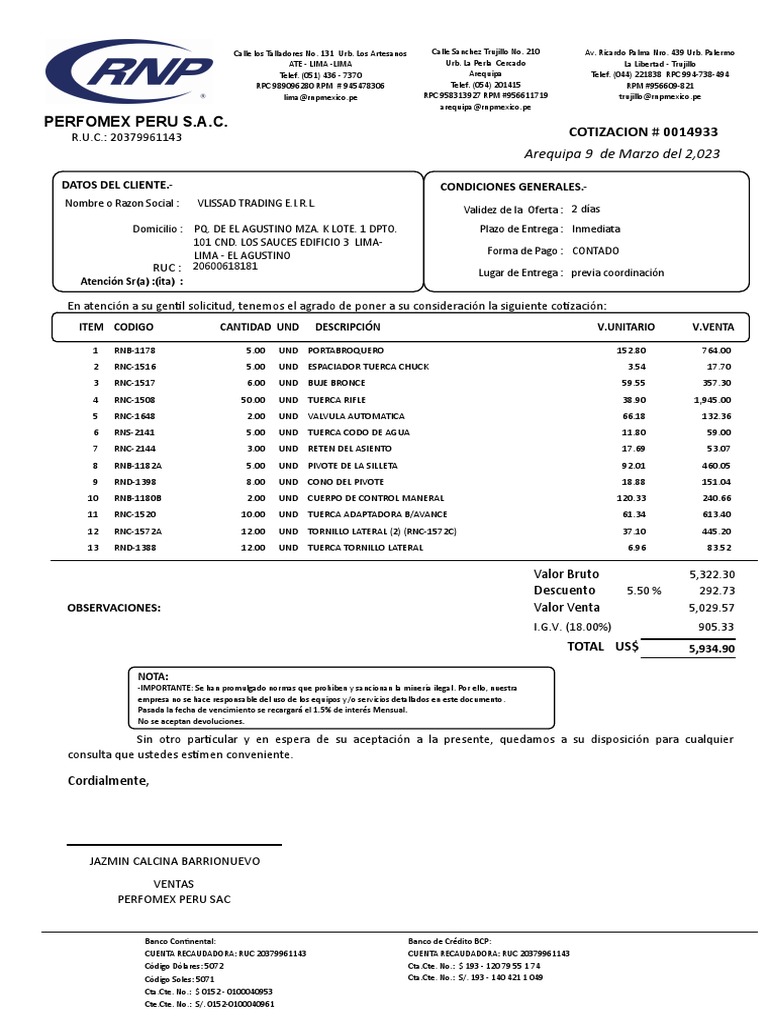 Cotización de PERFOMEX PERU S.A.C. | PDF