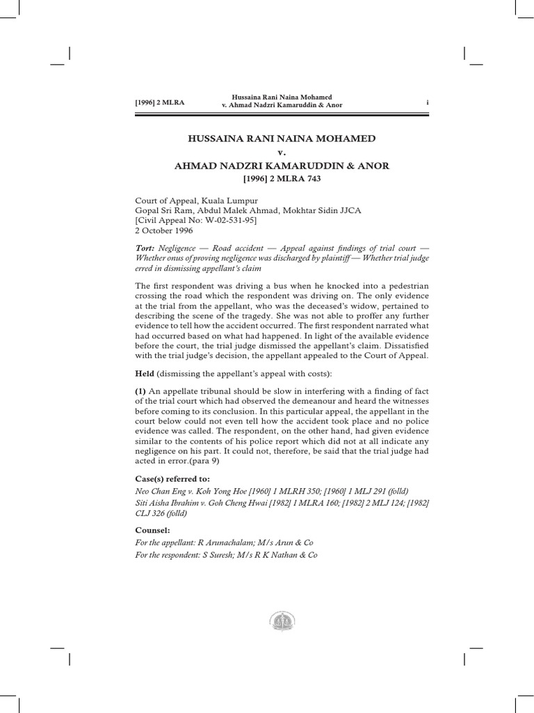 HUSSAINA RANI NAINA MOHAMED v. AHMAD NADZRI KAMARUDDIN & ANOR | PDF | Appellate Court | Negligence