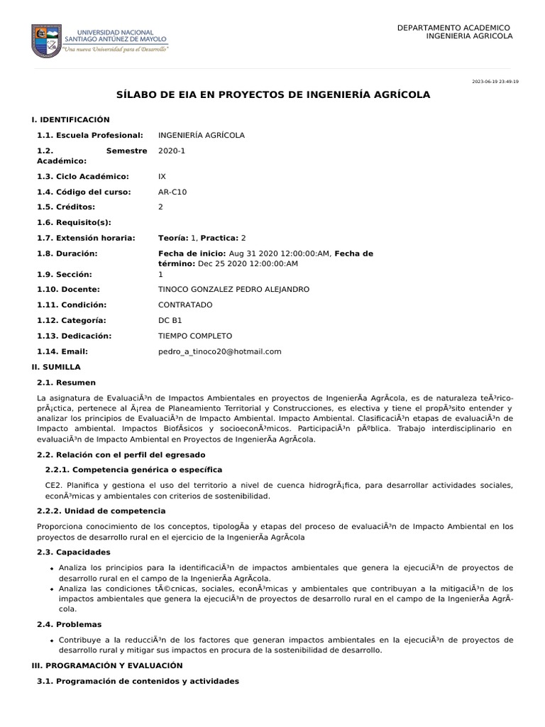 Silabo - Eia en Proyectos de Ingeniería Agrícola - 2020-1 | PDF | Science