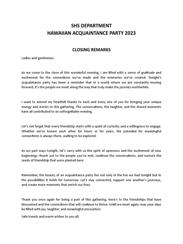Acquaintance Party - Closing Remarks - 2023 | PDF