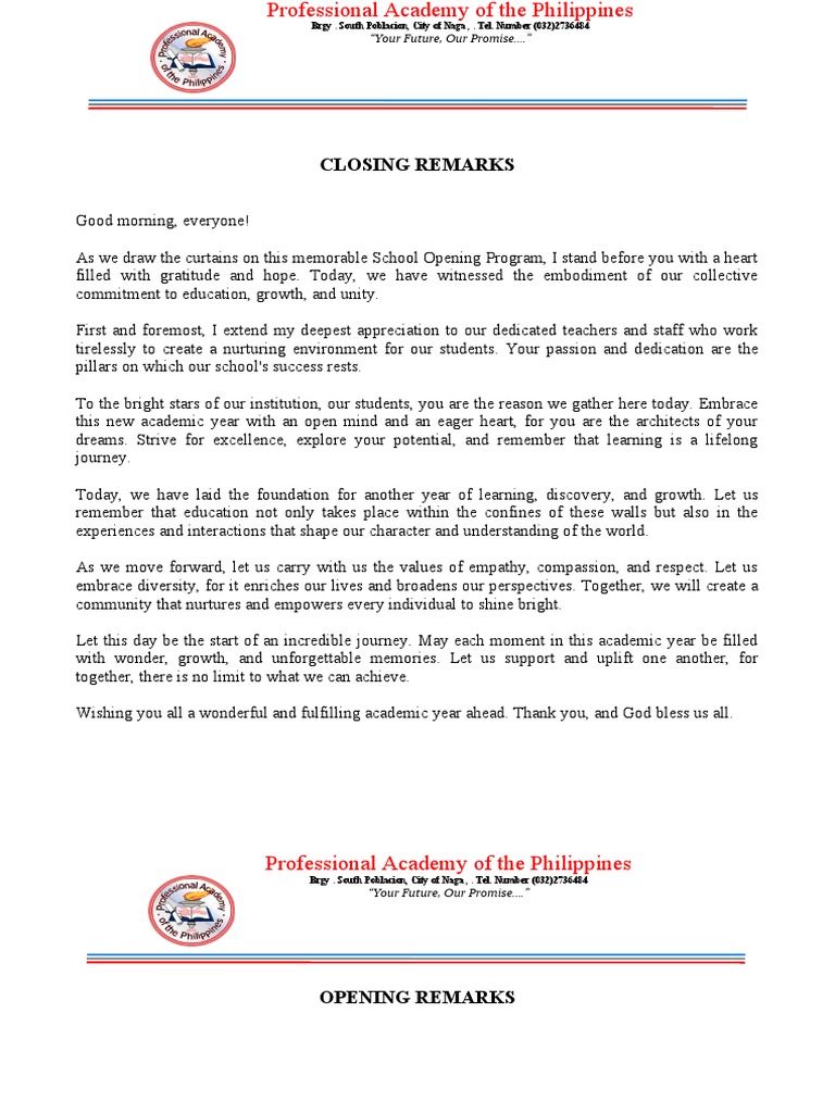 Closing Remarks for School Opening Program | PDF | Cognition