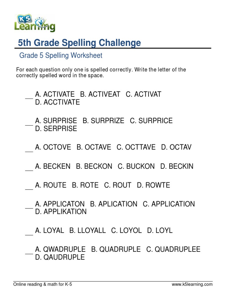 Grade 5 Spelling Challenge 3 | PDF | Language Arts & Discipline
