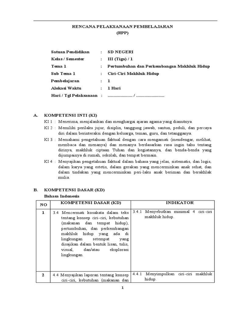 RPP Kelas 3 SD Tema 1 k13 | PDF