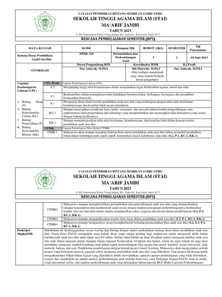 Rps Outcome Based Education (Obe) Stai Ma'Arif Jambi 2023 | PDF