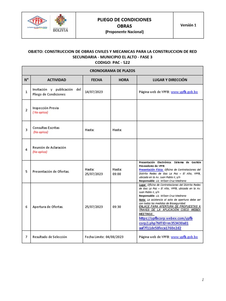 Pliego de Condiciones Obras Pac-522 | PDF