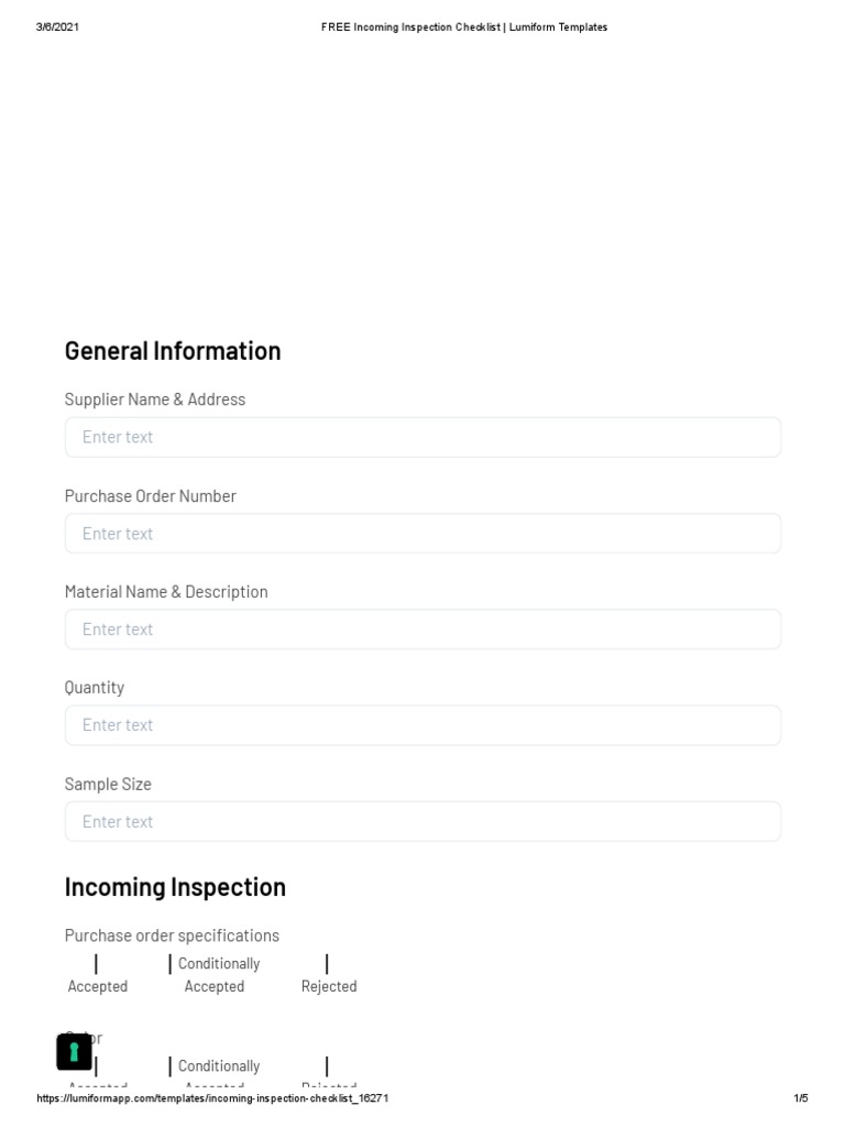 FREE Incoming Inspection Checklist - Lumiform Templates | PDF | Health Care