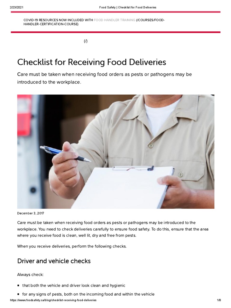 Food Safety - Checklist For Food Deliveries | PDF | Food Safety | Food ...