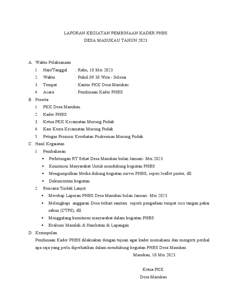 Laporan Pembinaan Kader PHBS TGL 10 MEI | PDF | Karier & Perkembangan