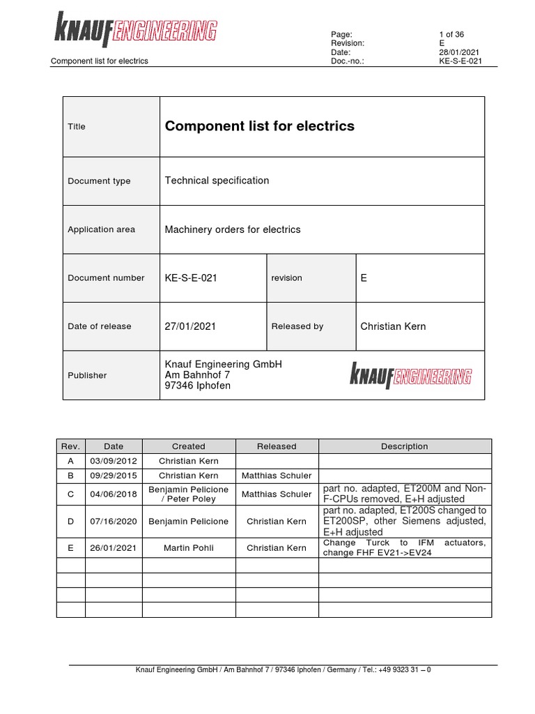 Component List For Electrics: Technical Specification | PDF | Switch ...