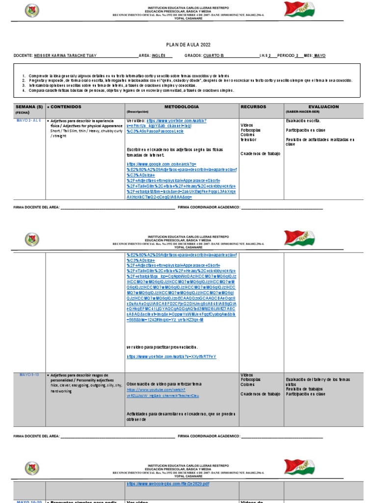 Plan de Aula de Inglés. Mayo 2022 | PDF