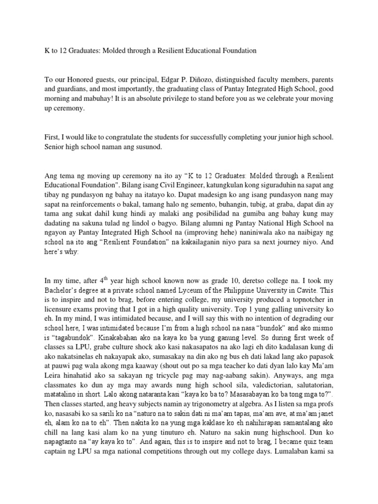 Inspiring Grade 10 Moving Up Speech | PDF