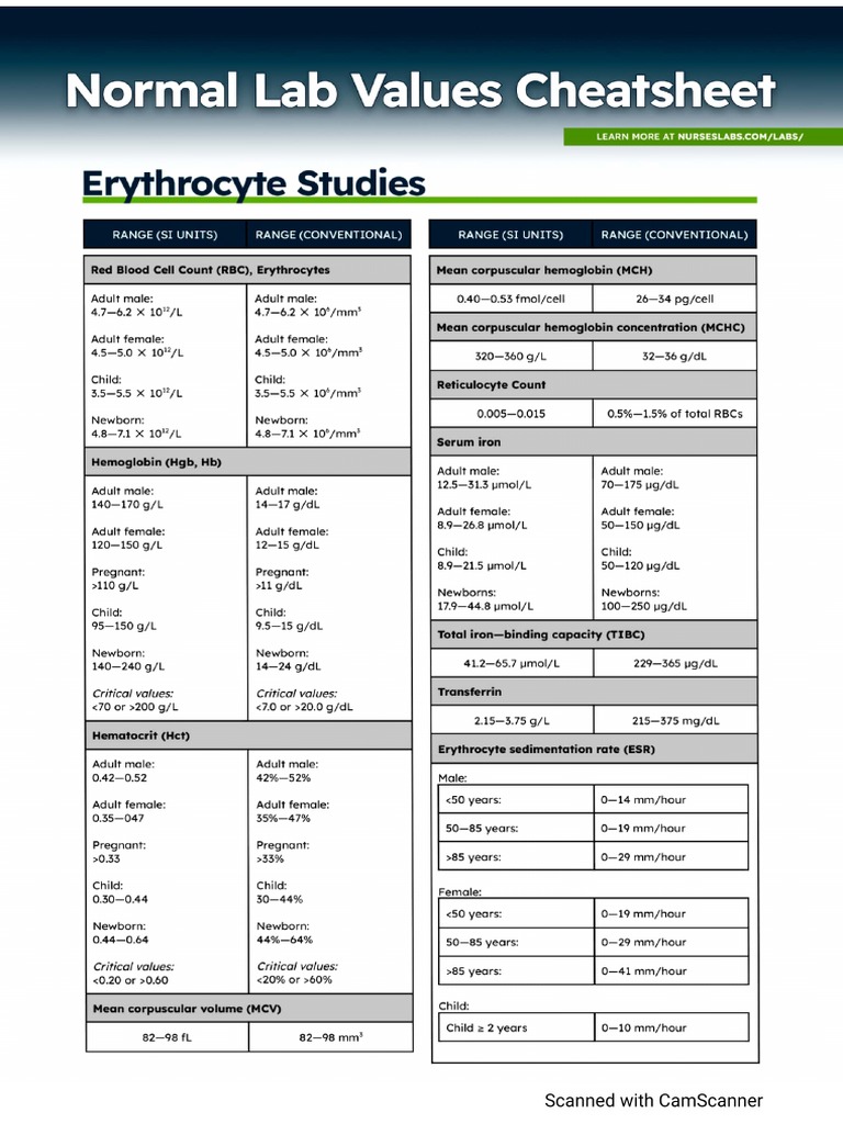 Normal Lab Values | PDF