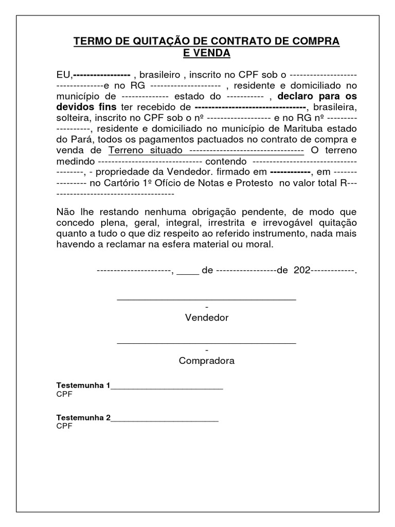 Termo de Quitação de Contrato de Compra e Venda | PDF | Negócios | Direito