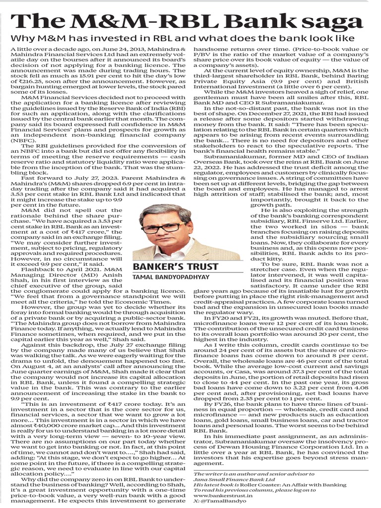 Business Standard-The M&M-RBL Bank Saga by Tamal Bandyopadhyay | PDF