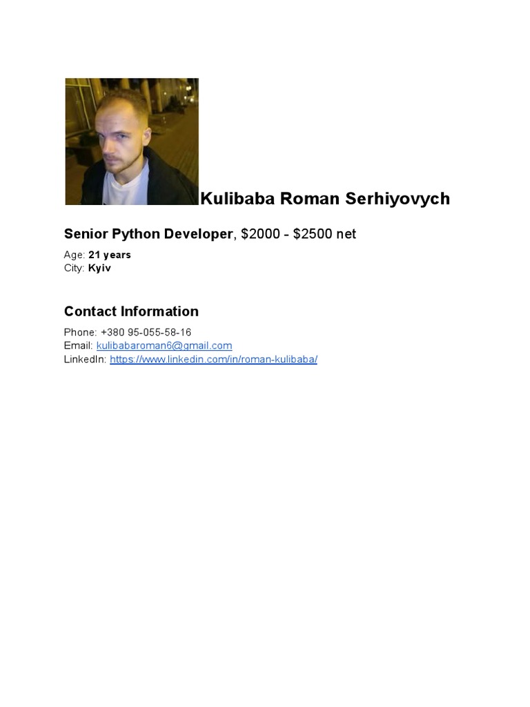 Kulibaba Roman Serhiyovych: Senior Python Developer, $2000 - $2500 Net | PDF | Python ...