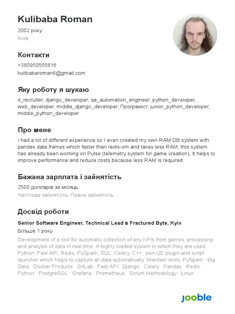 Roman Kulibaba Jooble CV | PDF | Databases | Python (Programming Language)