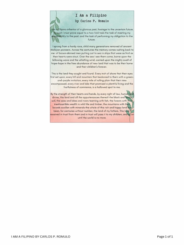 I AM A FILIPINO BY CARLOS P. ROMULO | PDF
