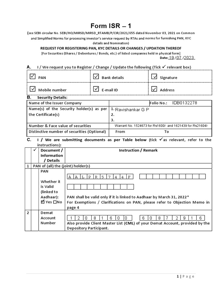 Form ISR 1 | Download Free PDF | Securities (Finance) | Banks